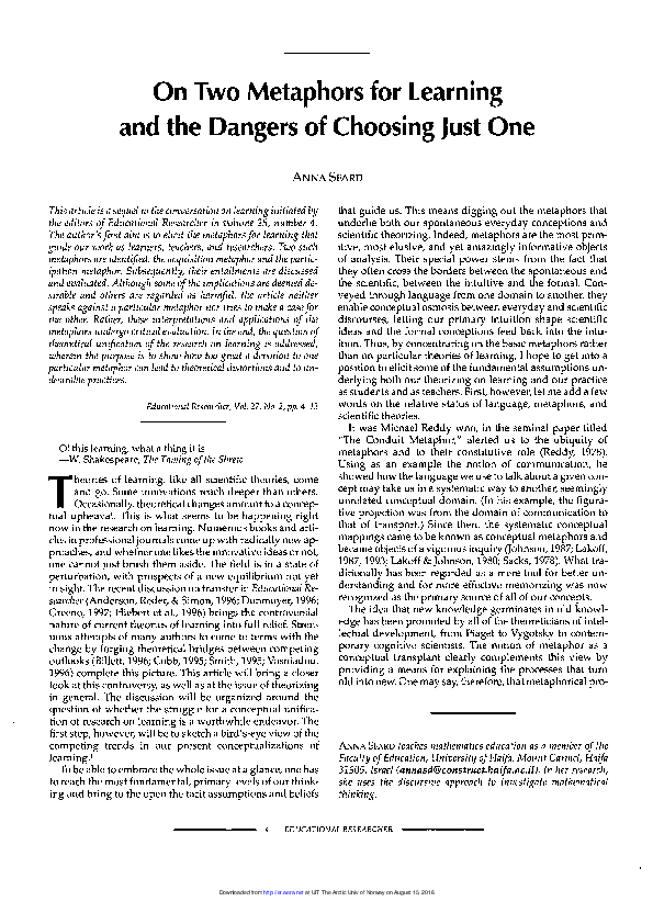 (PDF) On Two Metaphors for Learning and the Dangers of Choosing Just One