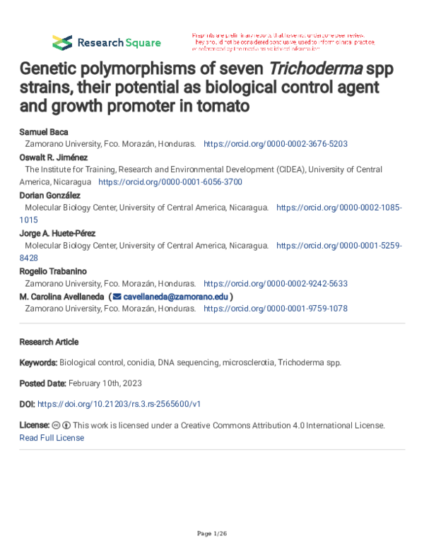 Pdf Genetic Polymorphisms Of Seven Trichoderma Spp Strains Their Potential As Biological