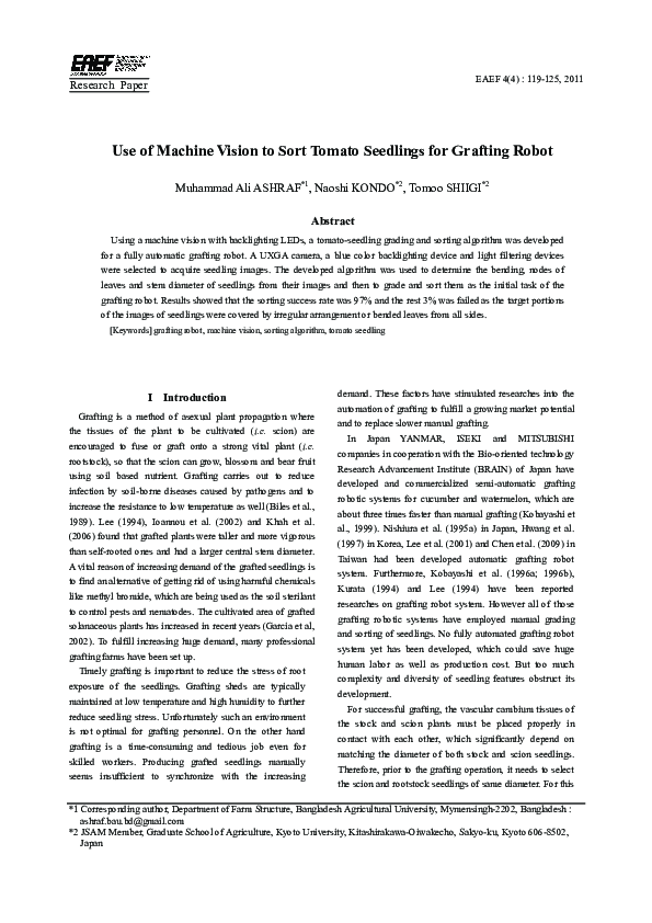 (PDF) Use of Machine Vision to Sort Tomato Seedlings for Grafting Robot