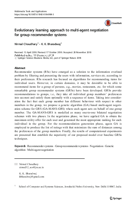 (PDF) Evolutionary learning approach to multi-agent negotiation for group recommender systems