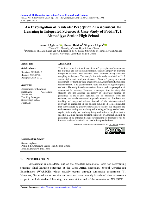 (PDF) An Investigation of Students' Perception of Assessment for ...