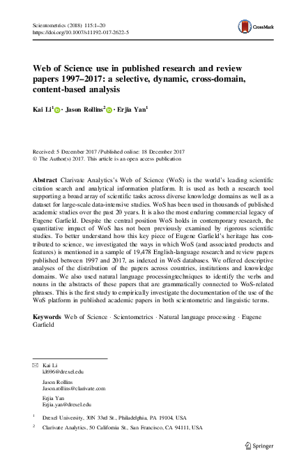 (PDF) Web of Science use in published research and review papers 1997-2017: a selective, dynamic ...