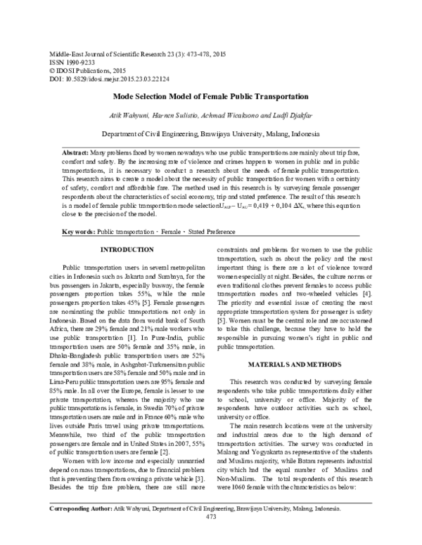 (PDF) Mode Selection Model of Female Public Transportation