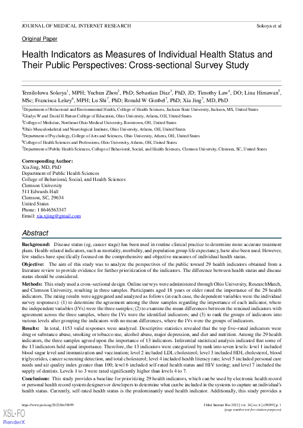(PDF) Health Indicators as Measures of Individual Health Status and ...