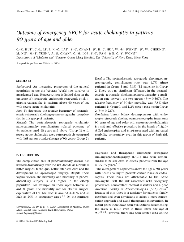 (PDF) Outcome of emergency ERCP for acute cholangitis in patients 90 ...