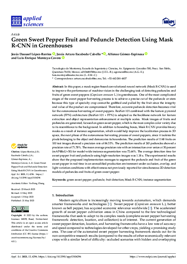 (PDF) Green Sweet Pepper Fruit and Peduncle Detection Using Mask R-CNN in Greenhouses | Escobedo ...