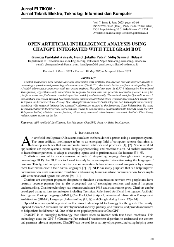 (PDF) Open Artificial Intelligence Analysis using ChatGPT Integrated with Telegram Bot