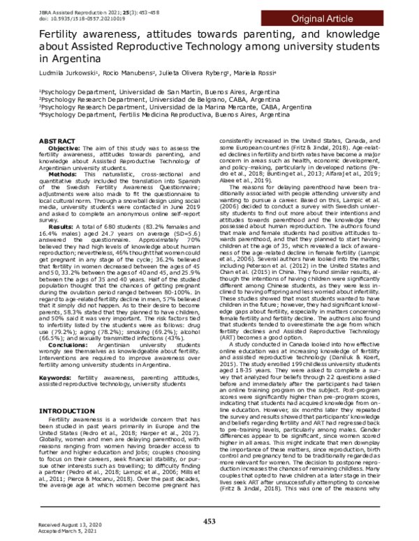 (PDF) Fertility awareness, attitudes towards parenting, and knowledge about Assisted ...