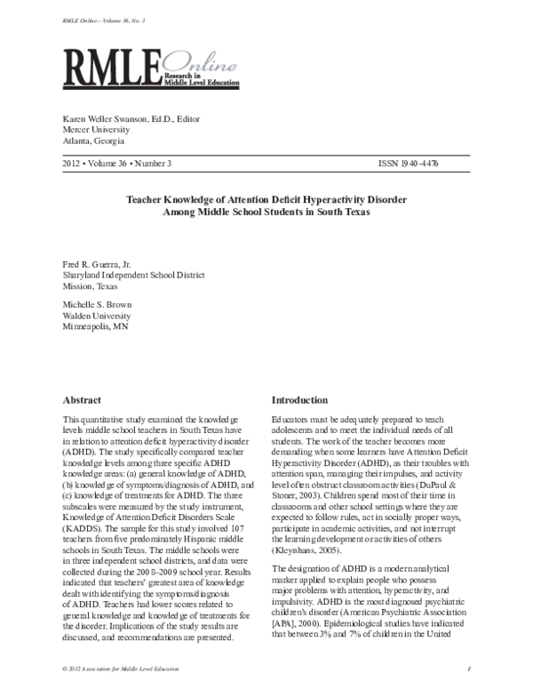 (PDF) Teacher Knowledge of Attention Deficit Hyperactivity Disorder ...