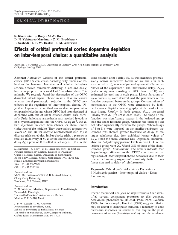 Pdf Effects Of Orbital Prefrontal Cortex Dopamine Depletion On Inter Temporal Choice A