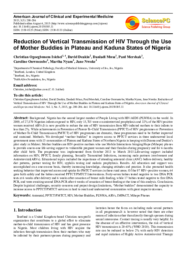 (PDF) Reduction of Vertical Transmission of HIV Through the Use of Mother Buddies in Plateau and ...