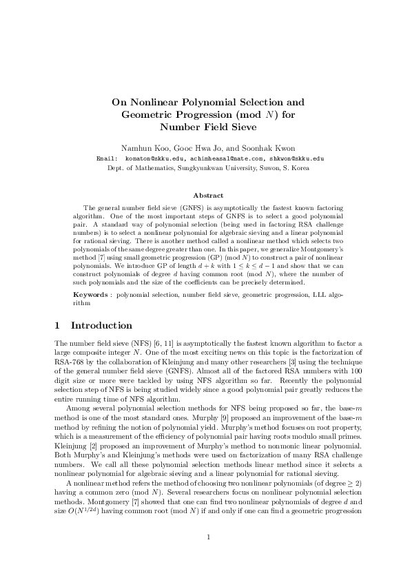 On Nonlinear Polynomial Selection And Geometric Progression Mod N For Number Field Sieve 4146