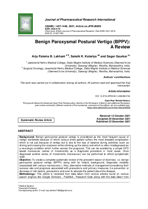 (PDF) Benign Paroxysmal Postural Vertigo (BPPV): A Review