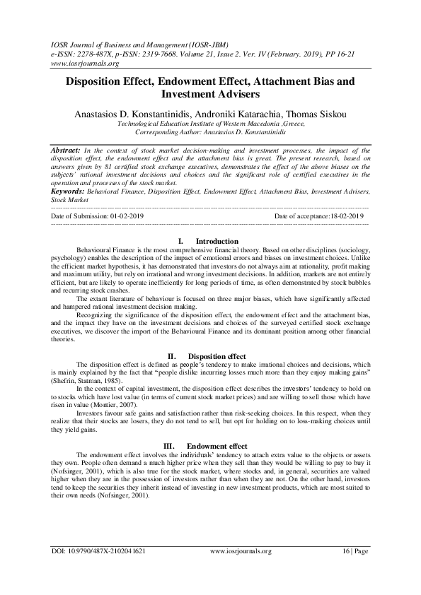 (PDF) Disposition Effect, Endowment Effect, Attachment Bias and Investment Advisers
