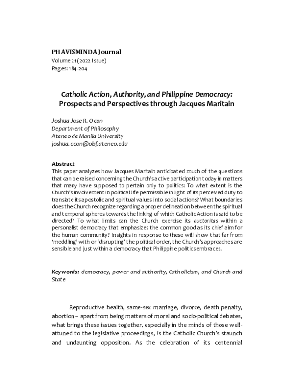 (PDF) Catholic Action, Authority, and Philippine Democracy: Prospects ...