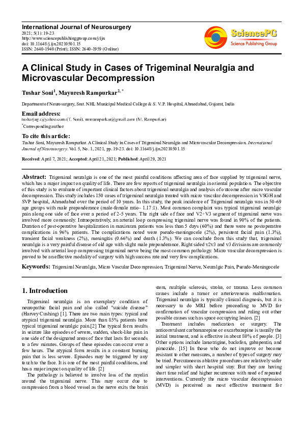 (PDF) A Clinical Study in Cases of Trigeminal Neuralgia and ...