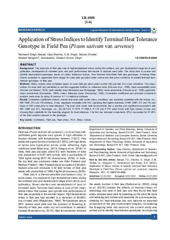 (PDF) Application of Stress Indices to Identify Terminal Heat Tolerance Genotype in Field Pea ...