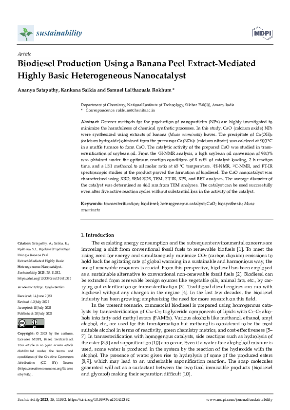 (PDF) Biodiesel Production Using a Banana Peel Extract-Mediated Highly Basic Heterogeneous ...