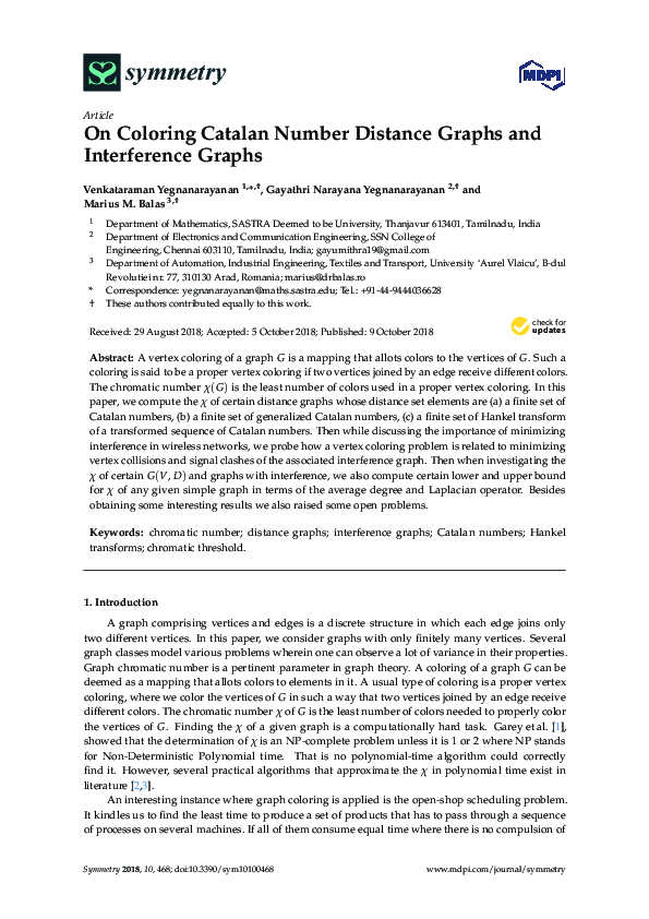 Pdf On Coloring Catalan Number Distance Graphs And Interference Graphs