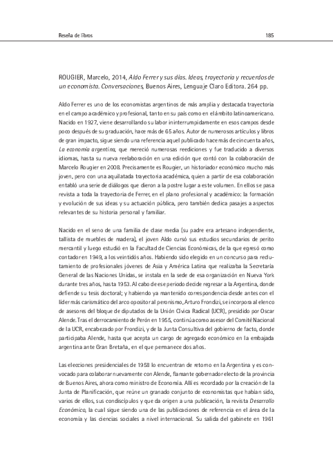 (PDF) ROUGIER, Marcelo, 2014, Aldo Ferrer y sus días. Ideas ...