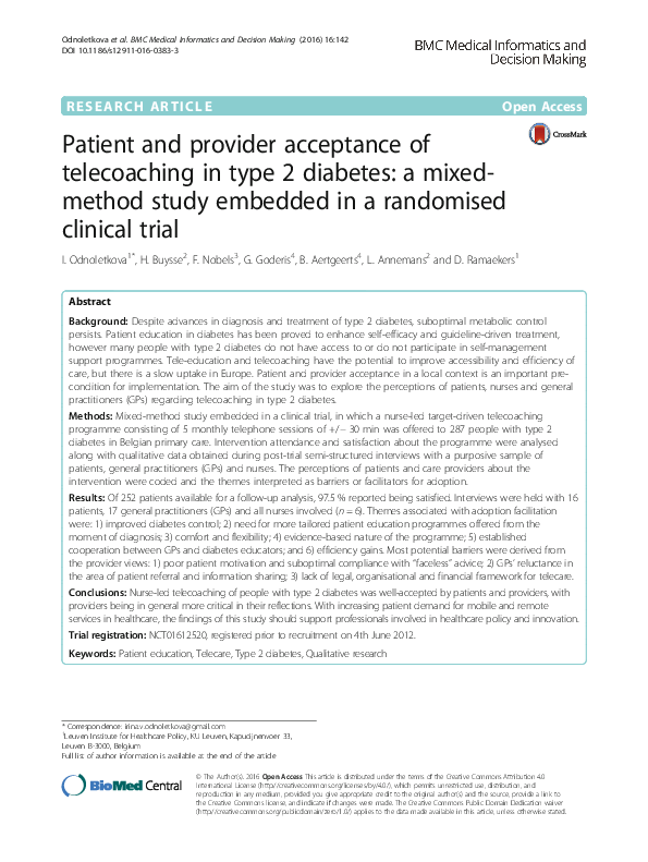 (PDF) Patient and provider acceptance of telecoaching in type 2 ...
