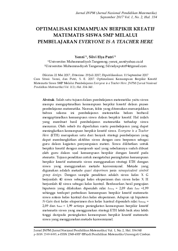 (PDF) Optimalisasi Kemampuan Berpikir Kreatif Matematis Siswa SMP Melalui Pembelajaran Everyone ...