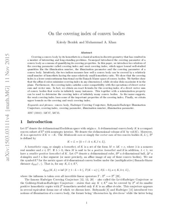 (PDF) On the covering index of convex bodies