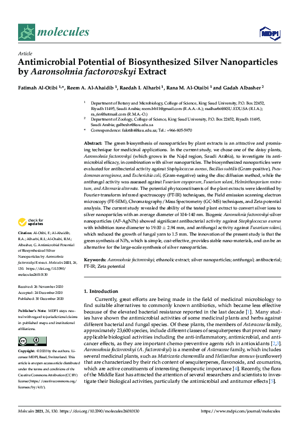 (PDF) Antimicrobial Potential of Biosynthesized Silver Nanoparticles by Aaronsohnia factorovskyi ...