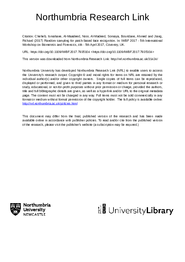 (PDF) Random sampling for patch-based face recognition