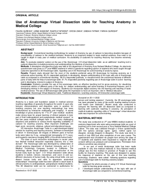 (PDF) Use of Anatomage Virtual Dissection table for Teaching Anatomy in Medical College
