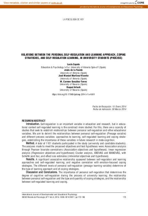 (PDF) Relations between the personal self-regulation and learning aproach, coping strategies ...