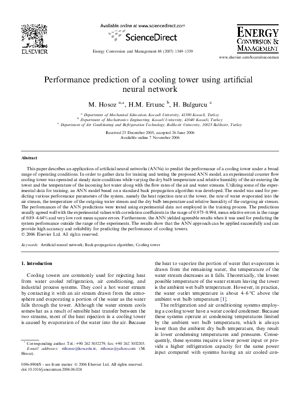(PDF) Performance prediction of a cooling tower using artificial neural network
