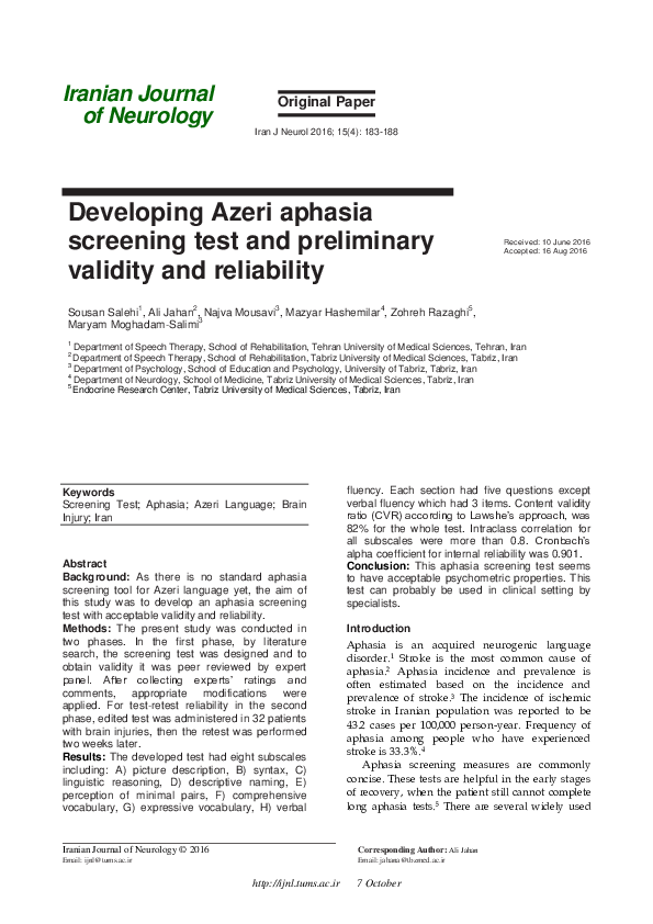 (PDF) Developing Azeri aphasia screening test and preliminary validity ...