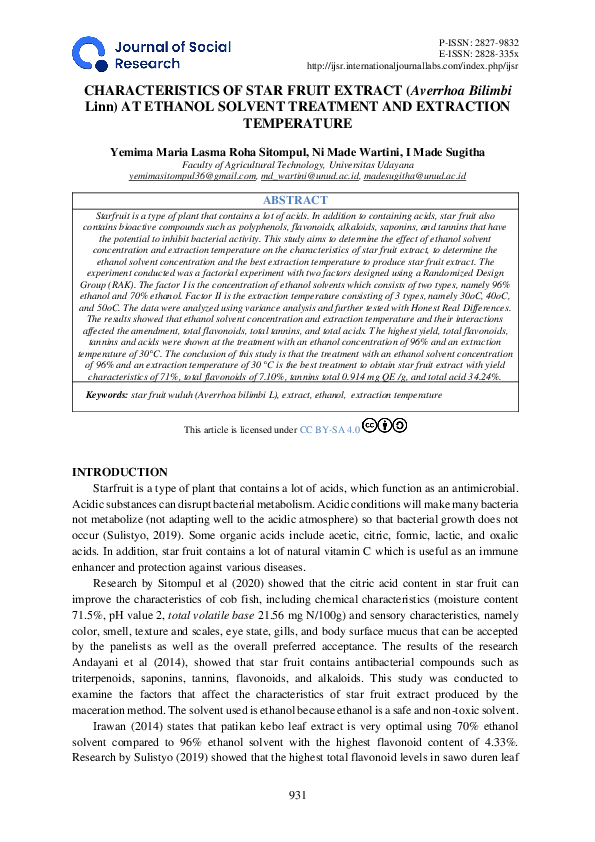 (PDF) Characteristics of Star Fruit Extract (Averrhoa Bilimbi Linn) at Ethanol Solvent Treatment ...