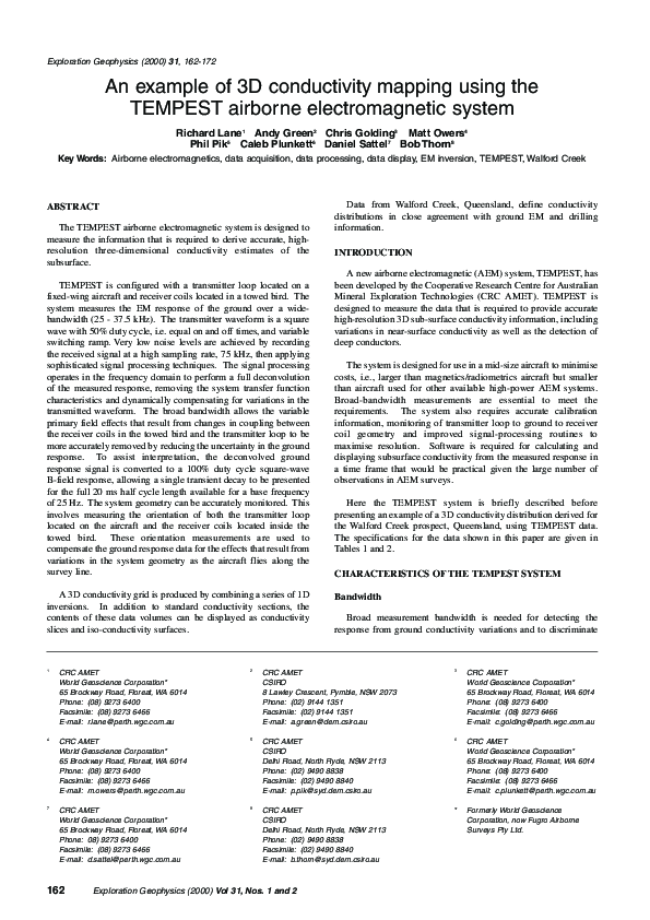 (PDF) An example of 3D conductivity mapping using the TEMPEST airborne ...