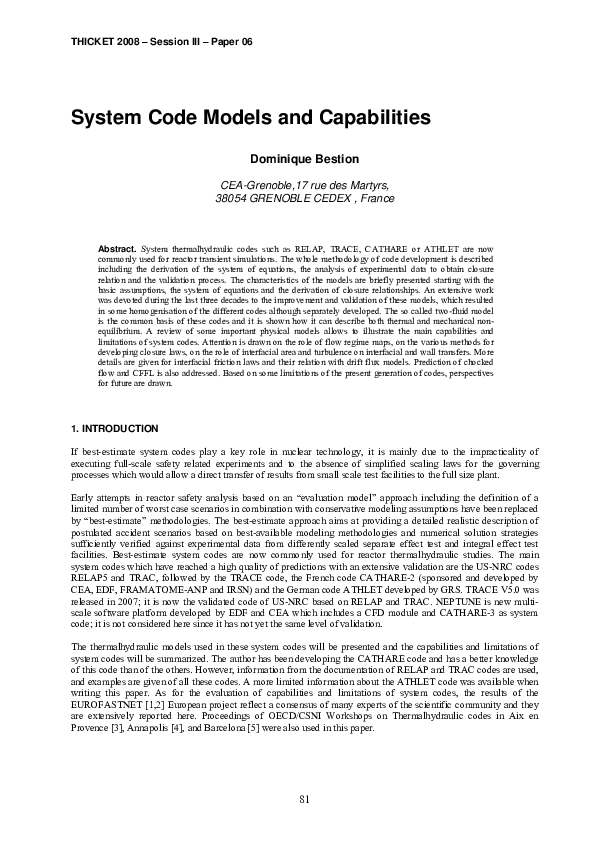 (PDF) System Code Models and Capabilities