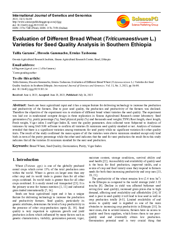 (PDF) Evaluation of Different Bread Wheat (Triticumaestivum L.) Varieties for Seed Quality ...