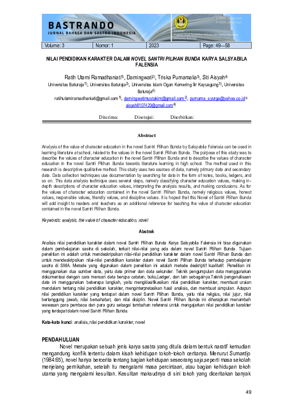 (PDF) Nilai Pendidikan Karakter dalam Novel Santri Pilihan Bunda Karya ...