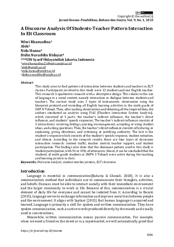 (PDF) A Discourse Analysis Of Students-Teacher Pattern Interaction In Elt Classroom
