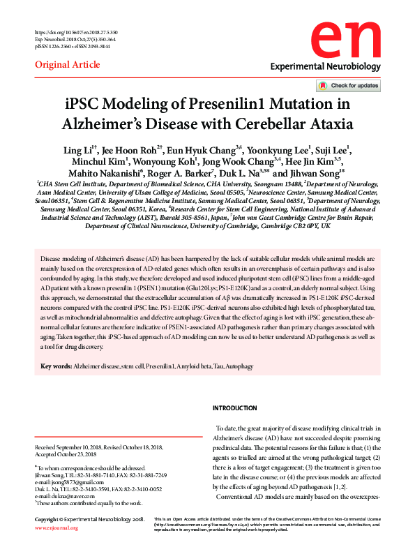 (PDF) iPSC Modeling of Presenilin1 Mutation in Alzheimer's Disease with ...