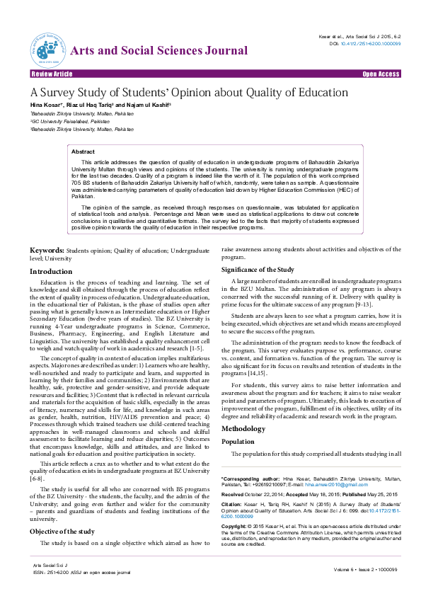 (PDF) A Survey Study of Students? Opinion about Quality of Education