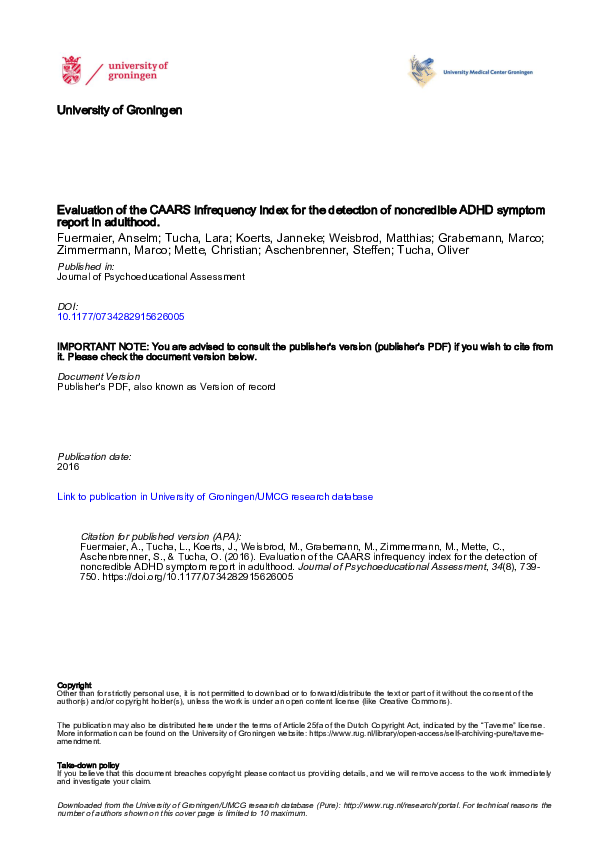 (PDF) Evaluation of the CAARS Infrequency Index for the Detection of ...