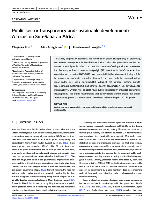 (PDF) Public sector transparency and sustainable development: A focus ...