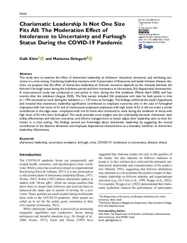 (PDF) Charismatic Leadership Is Not One Size Fits All: The Moderation Effect of Intolerance to ...