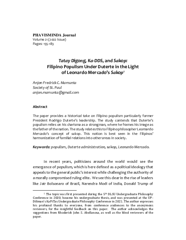 (PDF) Tatay Digong, Ka-DDS, and Sakop: Filipino Populism Under Duterte ...