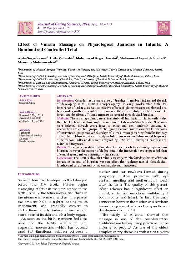 (PDF) Effect of vimala massage on physiological jaundice in infants: a randomized controlled trial