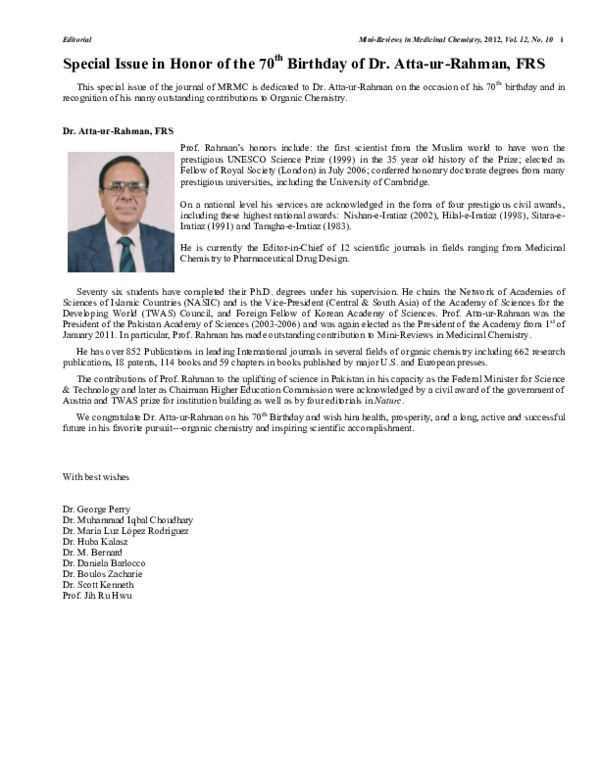 Pdf Editorial [special Issue In Honor Of The 70th Birthday Of Dr Atta Ur Rahman Frs] Huba