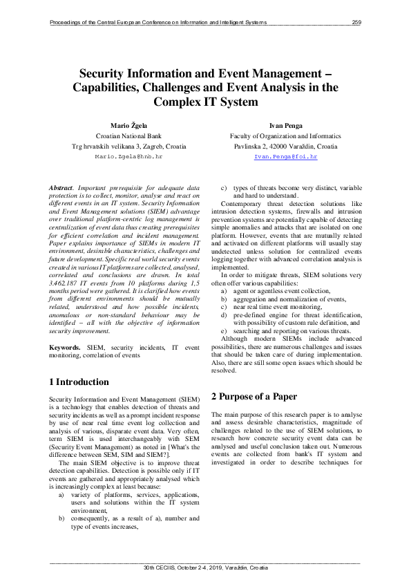 (PDF) Security Information and Event Management – Capabilities, Challenges and Event Analysis in ...
