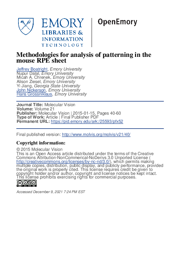 (PDF) Methodologies for analysis of patterning in the mouse RPE sheet