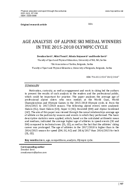 (PDF) Age analysis of alpine ski medal winners in the 2015-2018 Olympic ...